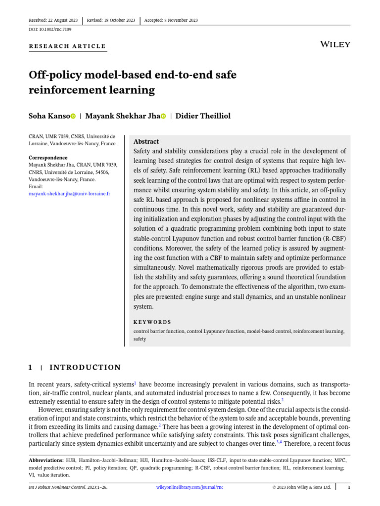 Off-Policy Model-Based End-To-End Safe Reinforcement Learning | PDF