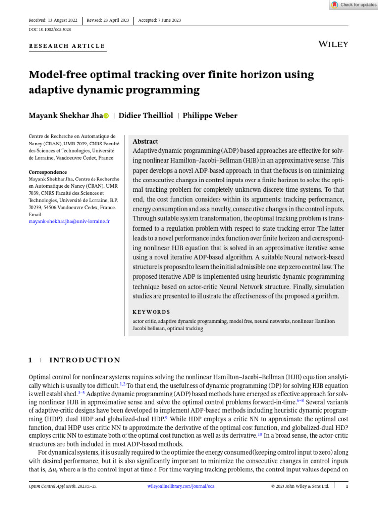 Model-Free Optimal Tracking Over Finite Horizon Using Adaptive Dynamic Programming | PDF