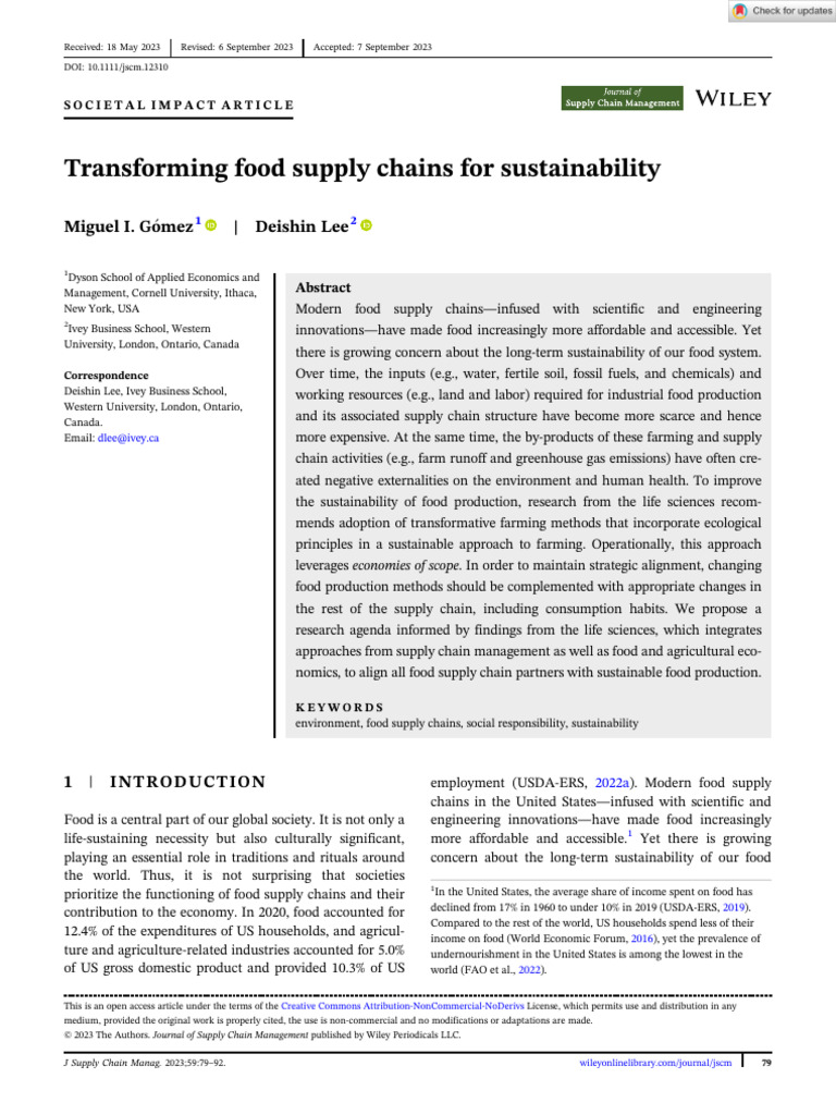 J Supply Chain Manag - 2023 - Gómez - Transforming Food Supply Chains ...