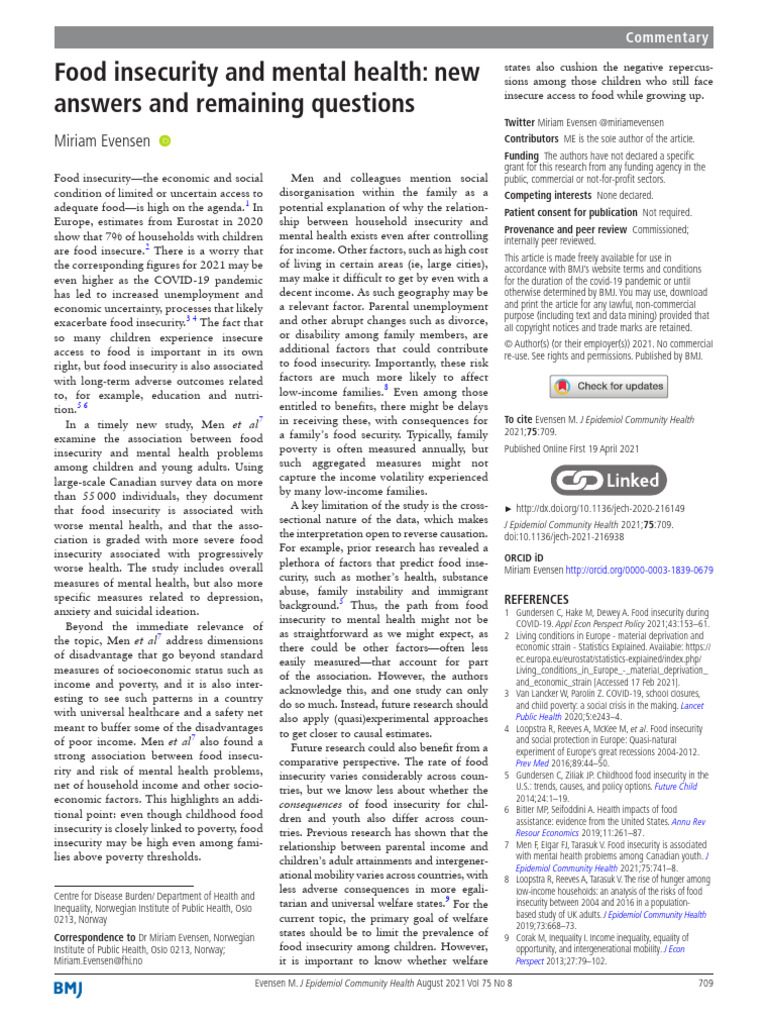 Food Insecurity and Mental Health: New Answers and Remaining Questions ...