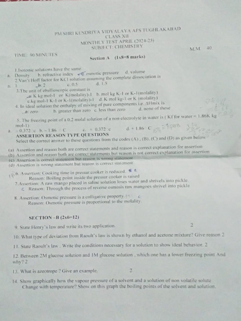 Monthly Test (April) of Chemistry Class 12 | PDF