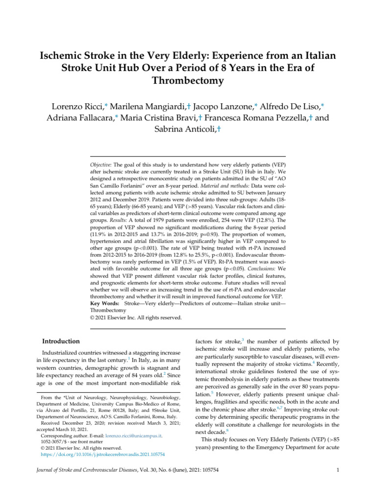 Ischemic Stroke in The Very Elderly: Experience From An Italian Stroke ...