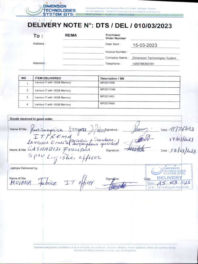 Delivery Note & Invoice No. 1538 For 4 Laptops LENOVO I7 | PDF
