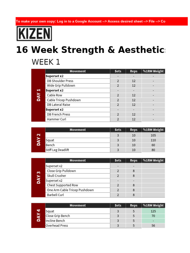 Kizen First 4 Weeks of 16 Week Strength & Aesthetics - Free Program | PDF