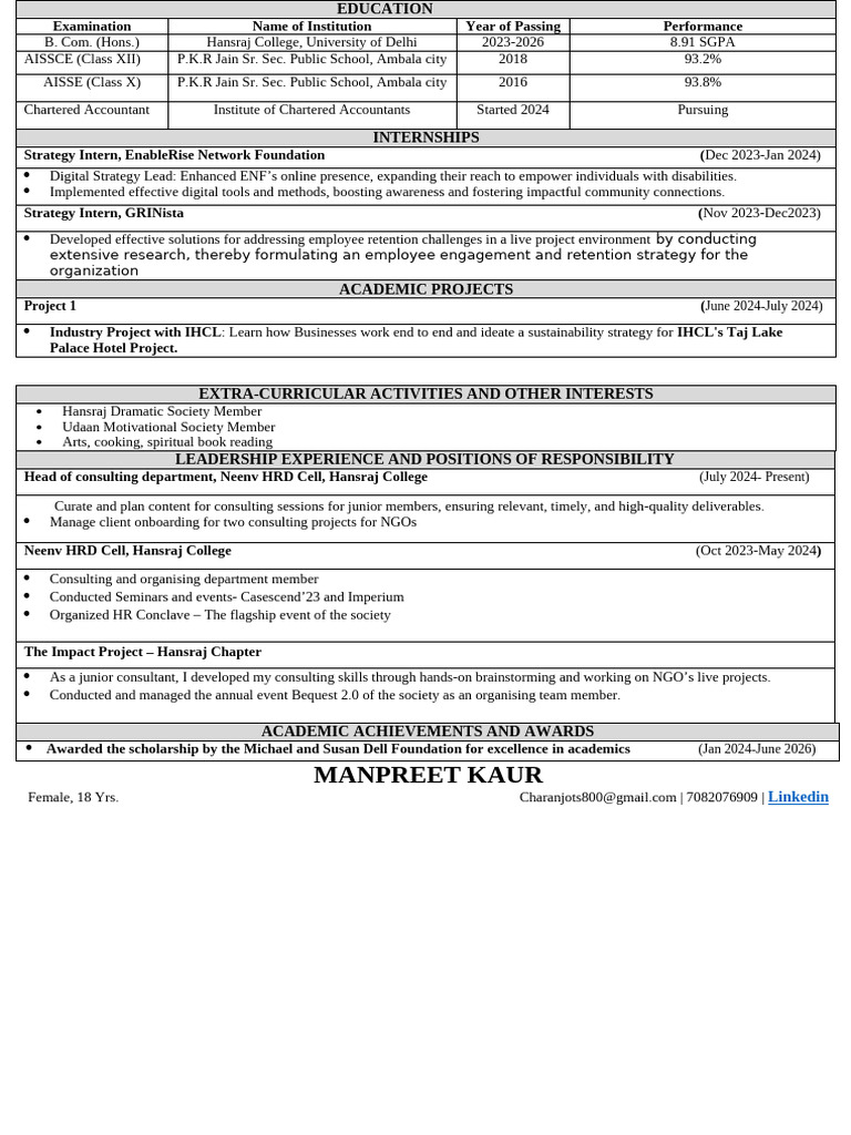Manpreet Kaur RESUME | PDF
