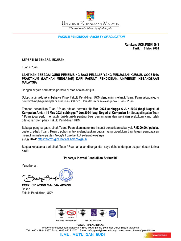 Surat Lantikan Guru Pembimbing Bagi Pelajar Dpli Fakulti Pendidikan ...