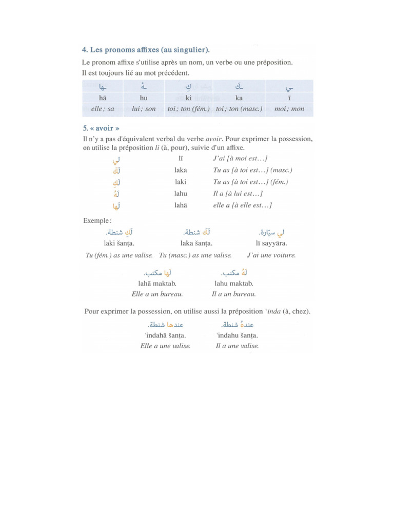 Avoir Avec Les Pronoms Affixes | PDF