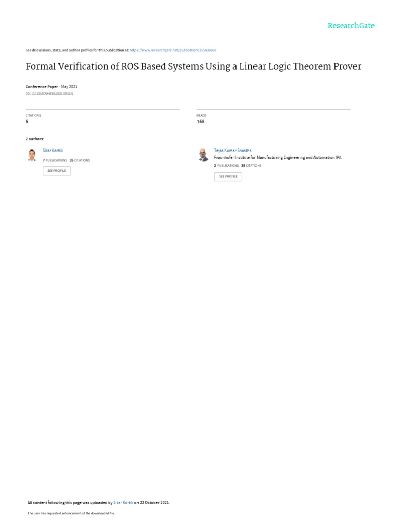 Formal Verification of ROS Based Systems Using A Linear Logic Theorem Prover | PDF