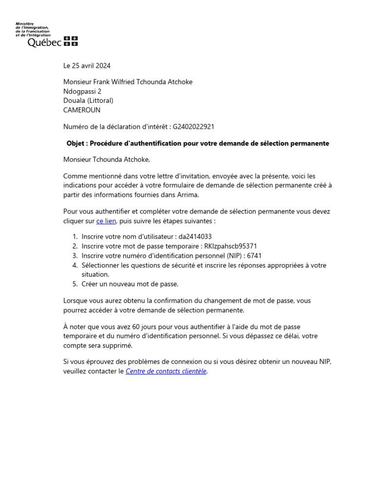 Objet: Procédure D'authentification Pour Votre Demande de Sélection Permanente | PDF
