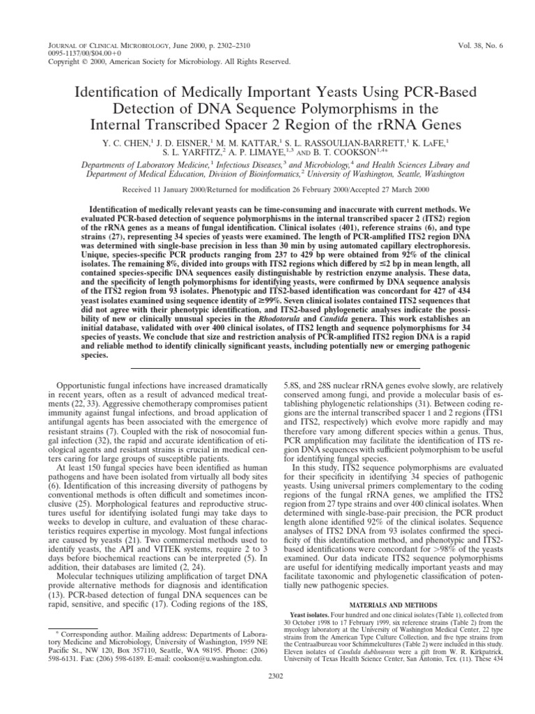 2000.chen Et Al - Identification of Medically Important Yeasts Using PCR-Based Detection of DNA ...