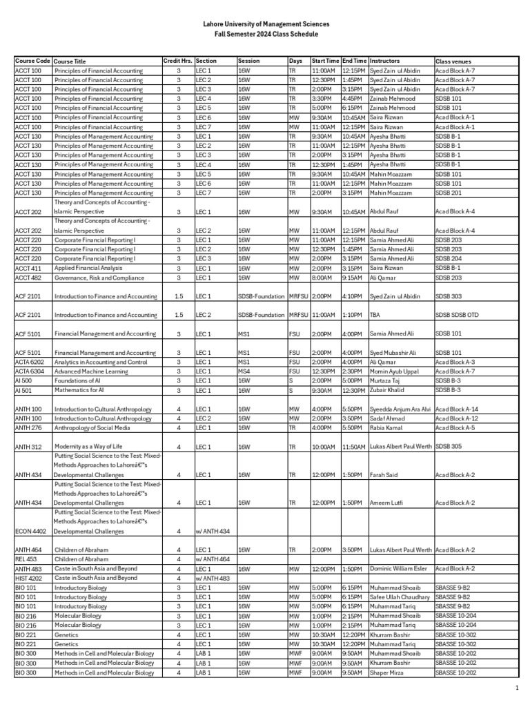 Fall Semester 2024 - Class Schedule | PDF