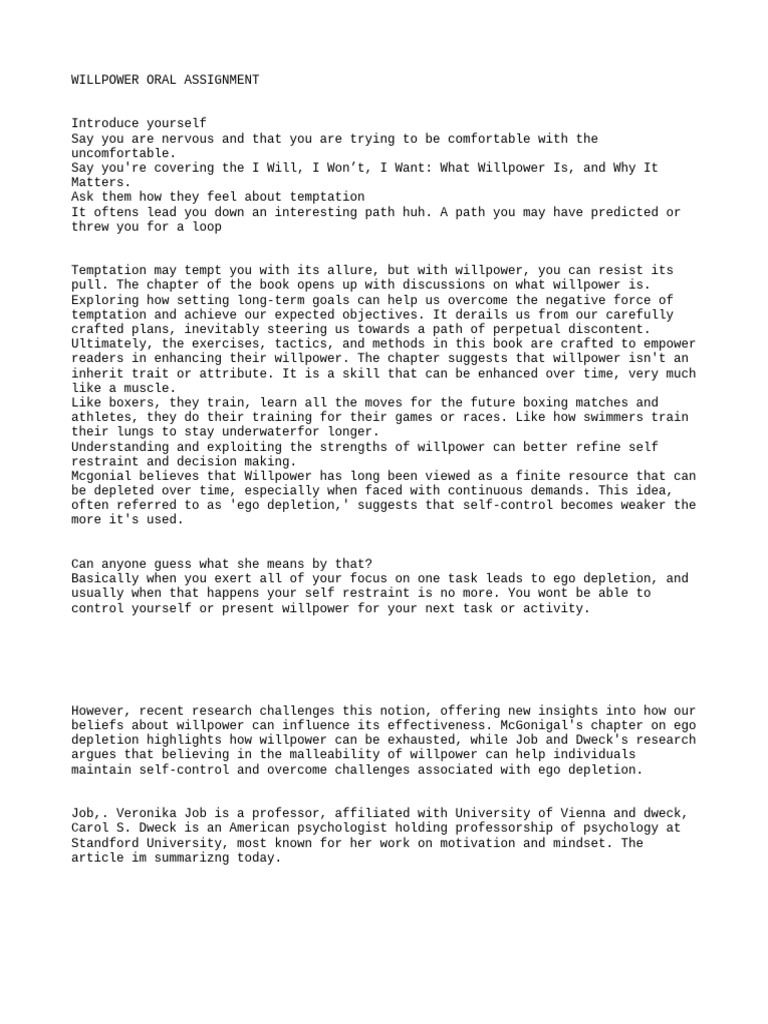 Willpower Oral Assignment | PDF
