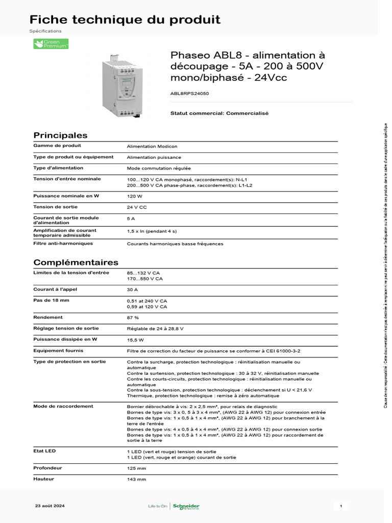 Schneider Electric Alimentation Modicon À Usage Industriel ABL8RPS24050 ...