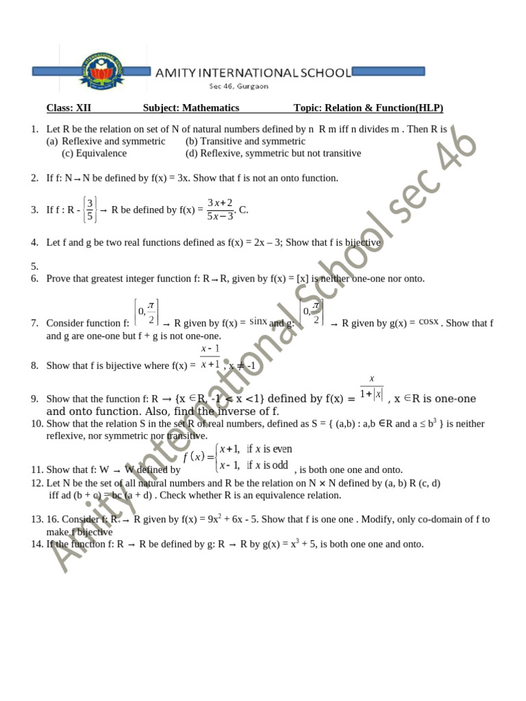 12 HLP - Assignment - On - Relation - & - Function 22 - 23 | PDF