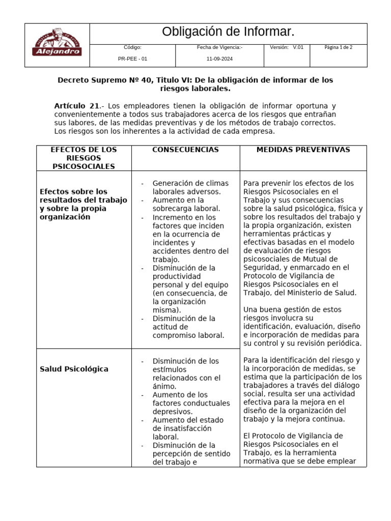 6 Decreto Supremo 40 de La Obligacion de Informar de Los Riesgos ...