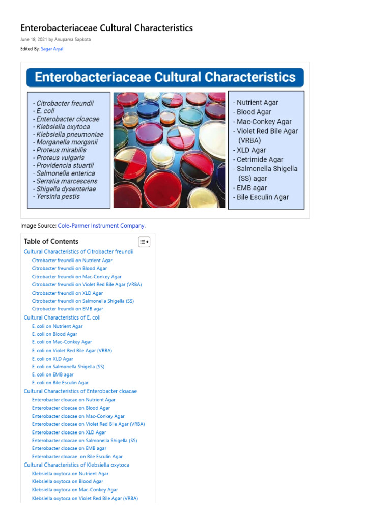 Enterobacteriaceae Cultural Characteristics - Microbe Notes | PDF