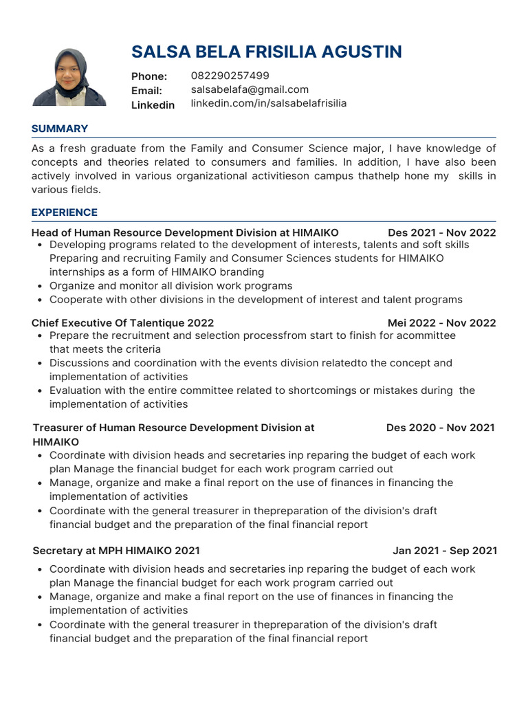 CV - Salsa Bela Frisilia Agustin | PDF | Social Psychology | Art