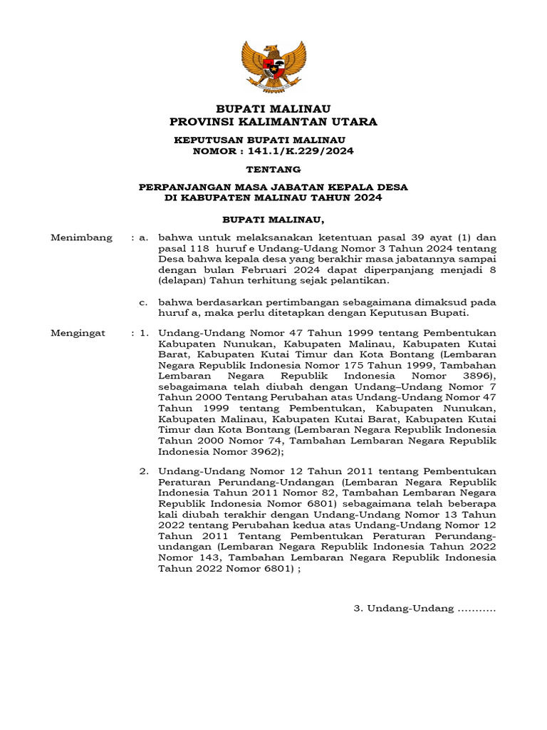 Sk.k.k.229 Perpanjangan Masa Jabatan Kepala Desa | PDF