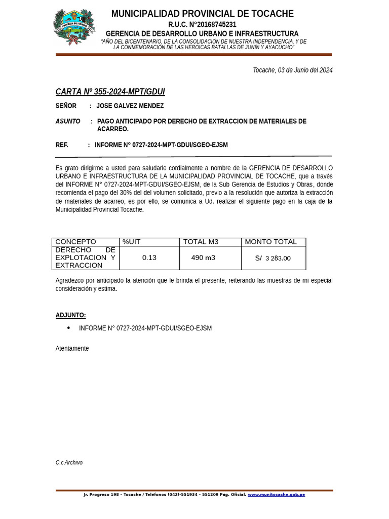 Carta - N°0355-2024-Gdui - Pago de Jose Galvez Mendez | PDF