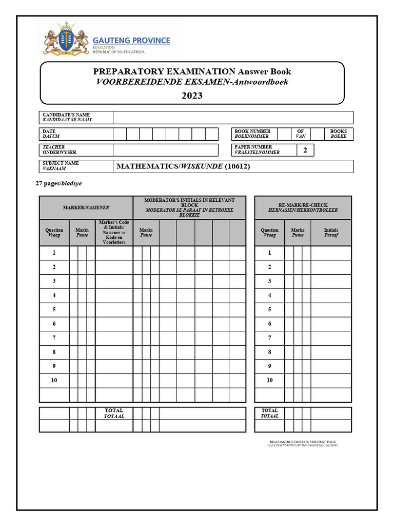 Grade 12 NSC Mathematics P2 (English and Afrikaans) Preparatory ...