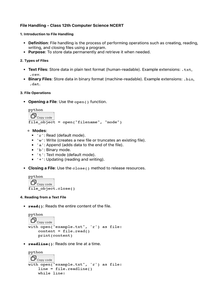File Handling - Class 12th Computer Science NCERT | PDF