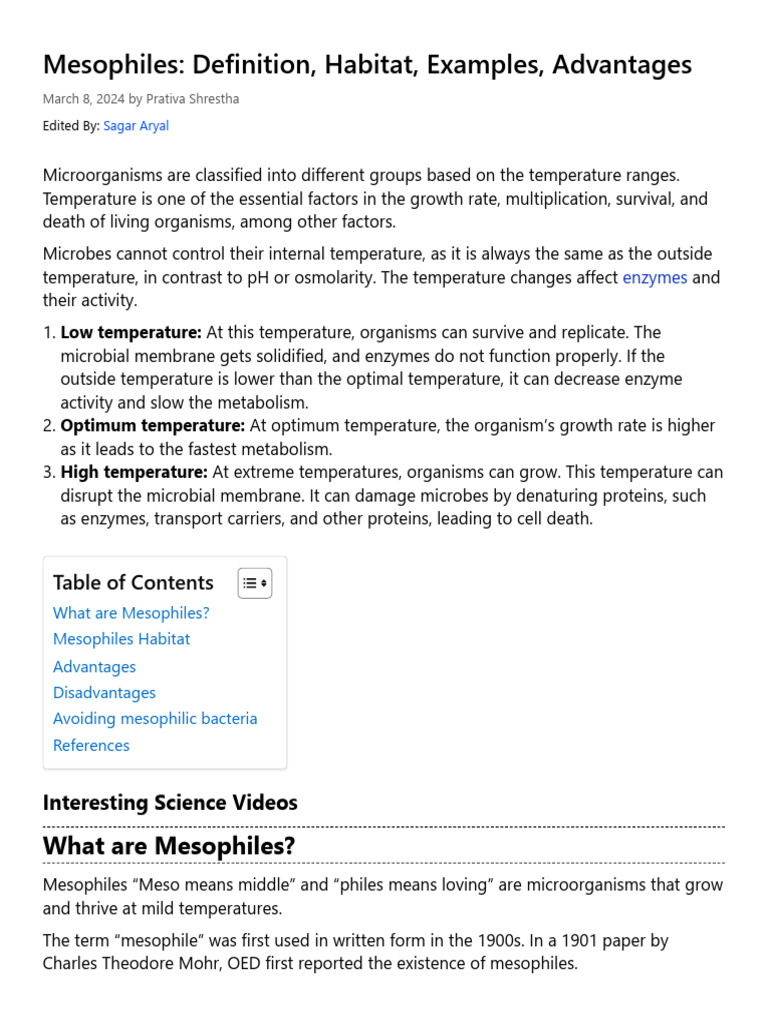 Mesophiles - Definition, Habitat, Examples, Advantages | PDF