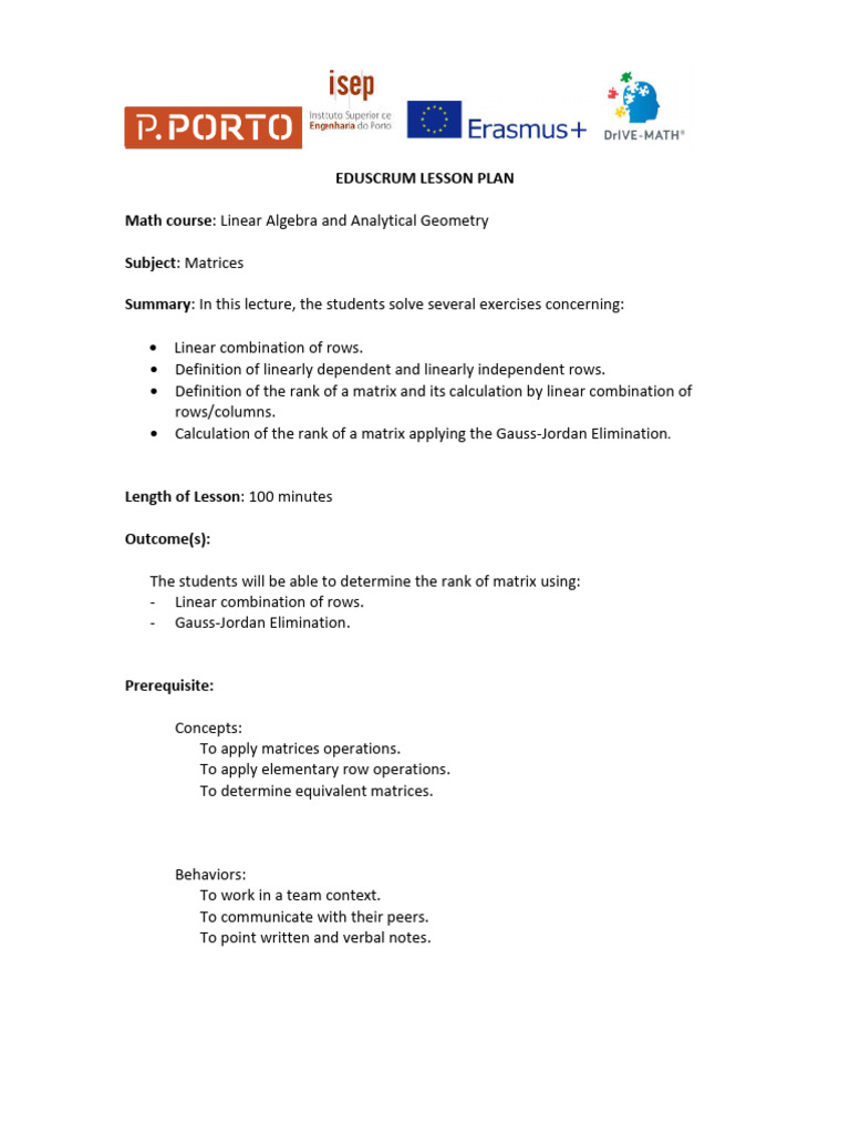 Linear Algebra EduScrum Lesson Plan | PDF