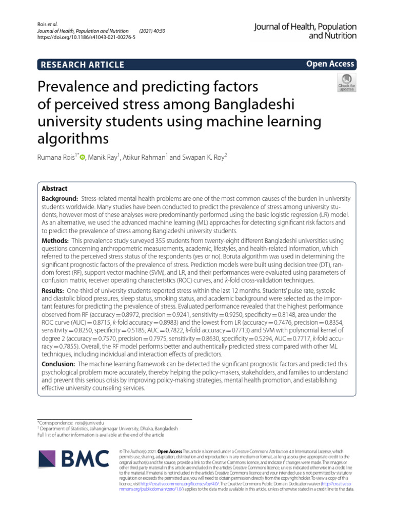 Prevalence and Predicting Factors of Perceived Stress Among Bangladeshi Univ Students Using ...