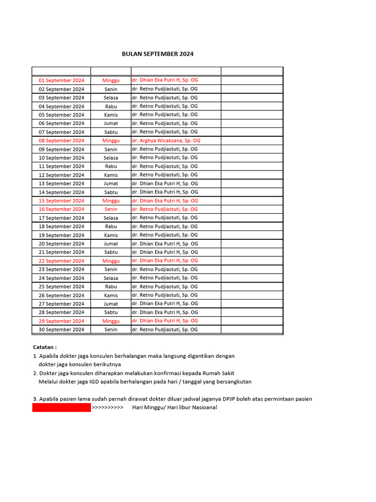 Jadwal Konsul Jaga DPJP Obgyn September 2024 | PDF