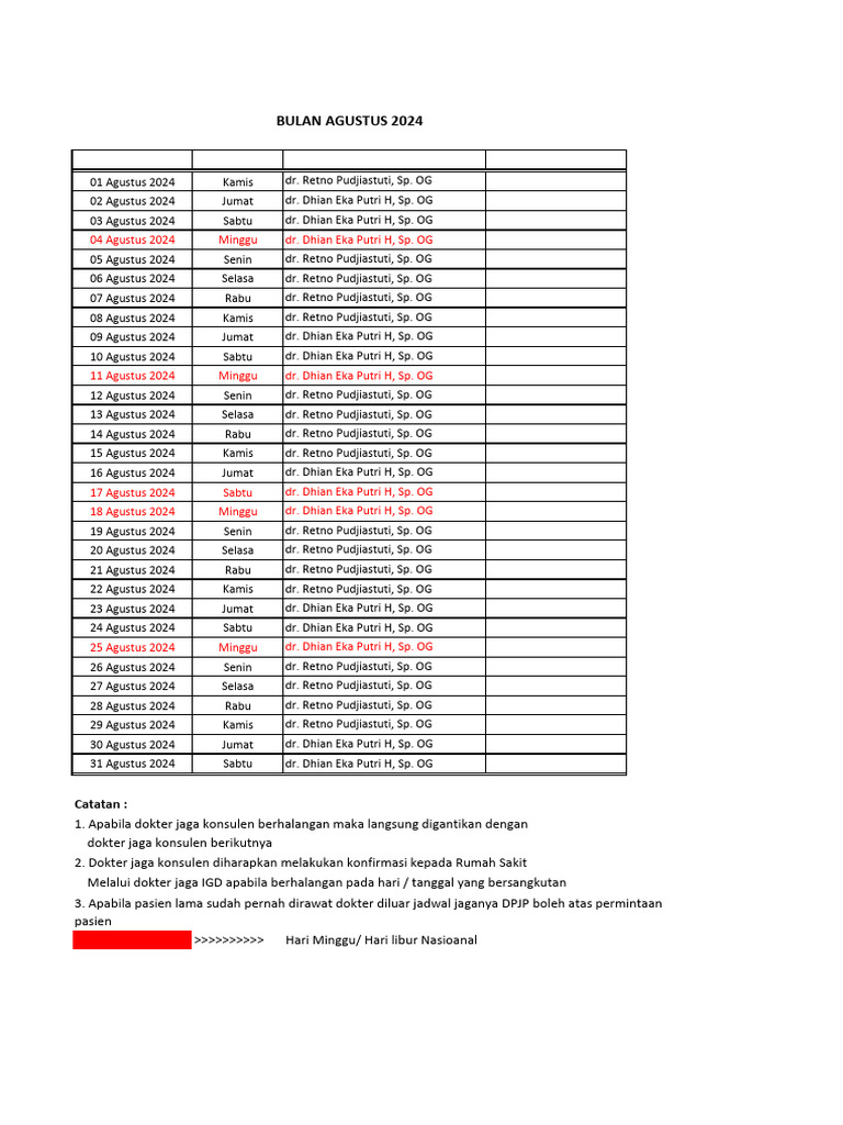 Jadwal Konsul Jaga DPJP Obgyn Agustus 2024 | PDF