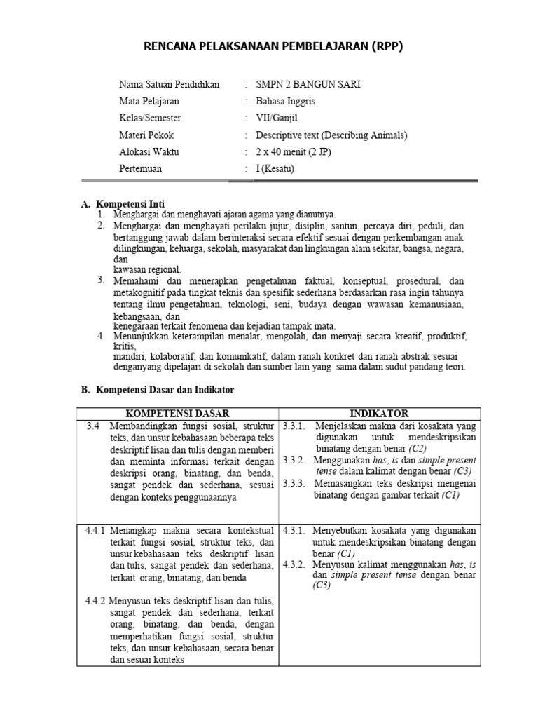 RPP Descriptive Text: Describing Animals | PDF
