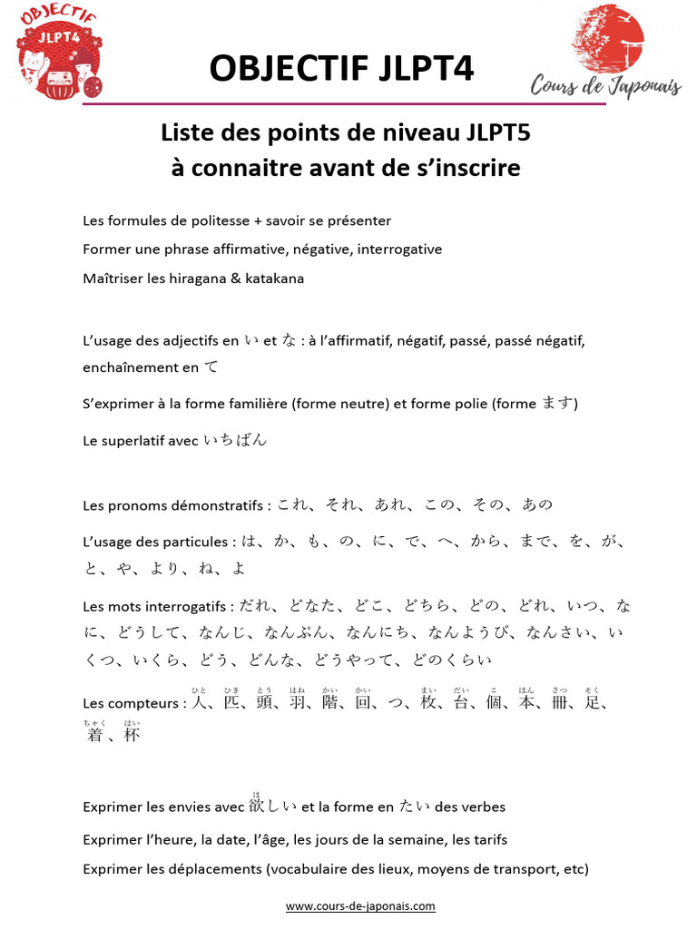 Liste Des Points de Grammaire N5 Connatre | PDF