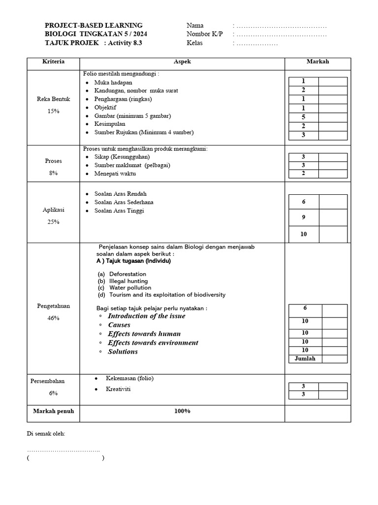Cover PBD and Marking Sheet PBD BIO - 1 - 2024 | PDF
