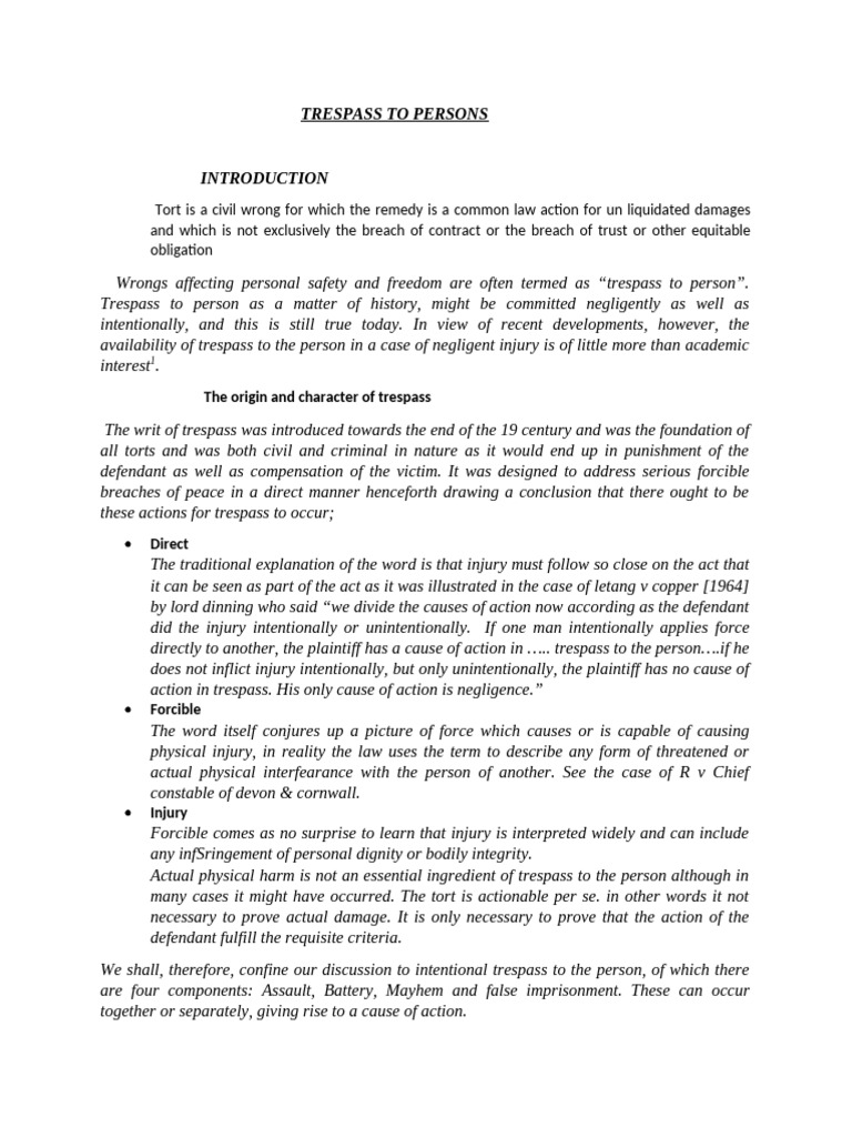 Understanding Trespass to Person Law | PDF | Trespass | Assault