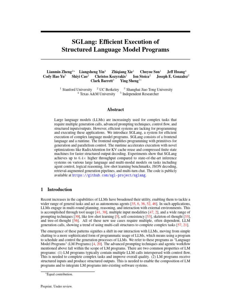 Sglang: Efficient Execution of Structured Language Model Programs | PDF