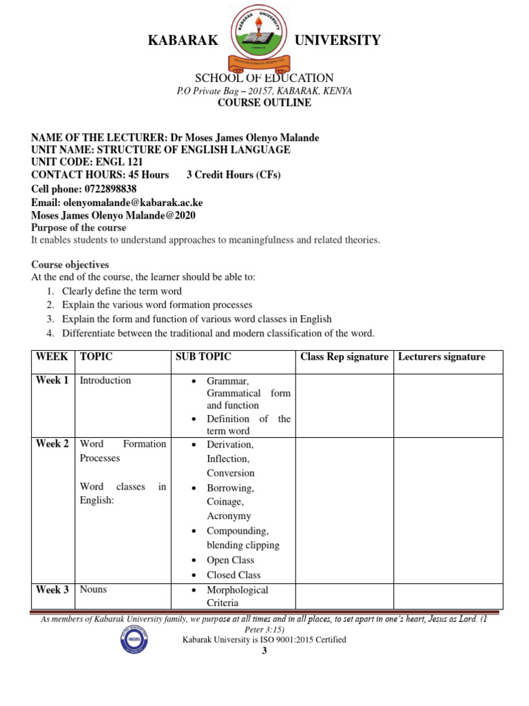 Structure of English Language Lesson Not | PDF