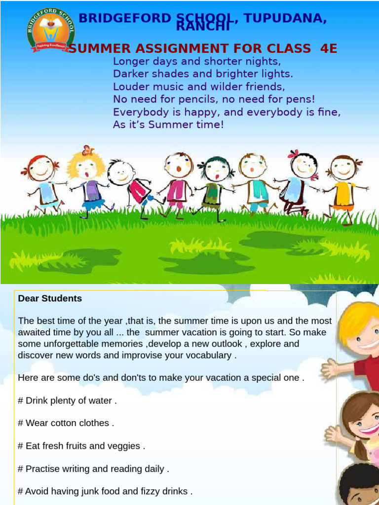 Std. 4 E Summer Vacation Assignment | PDF