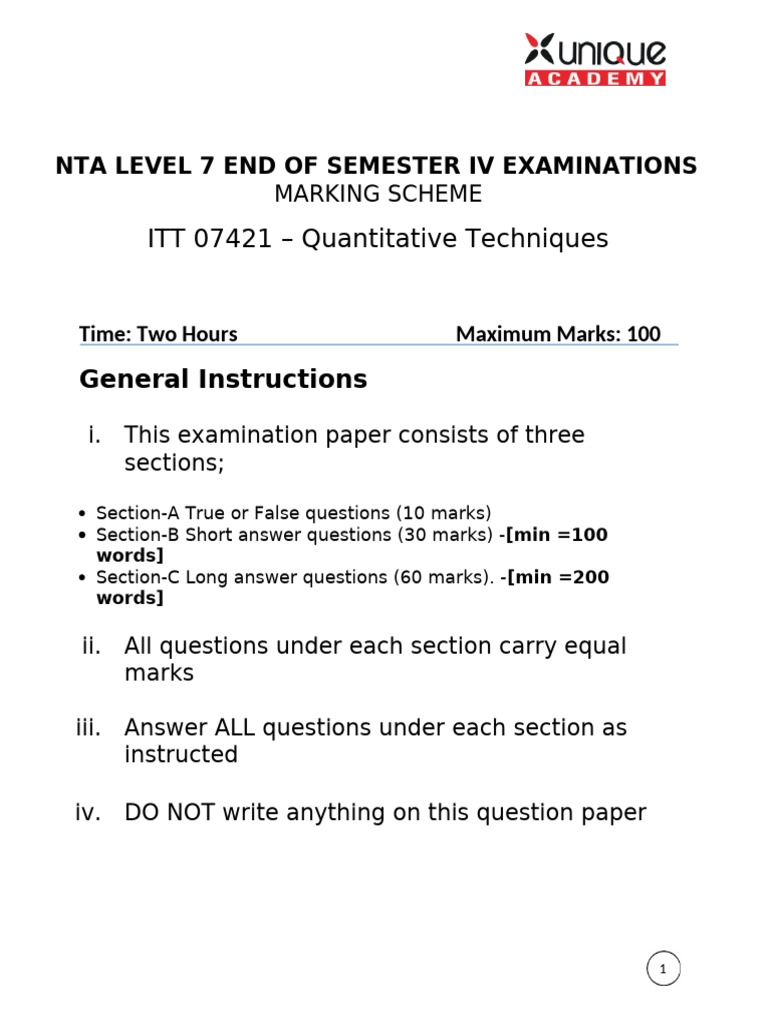 Quantitative Techniques 07421 Exam MARKING SCHEME | PDF