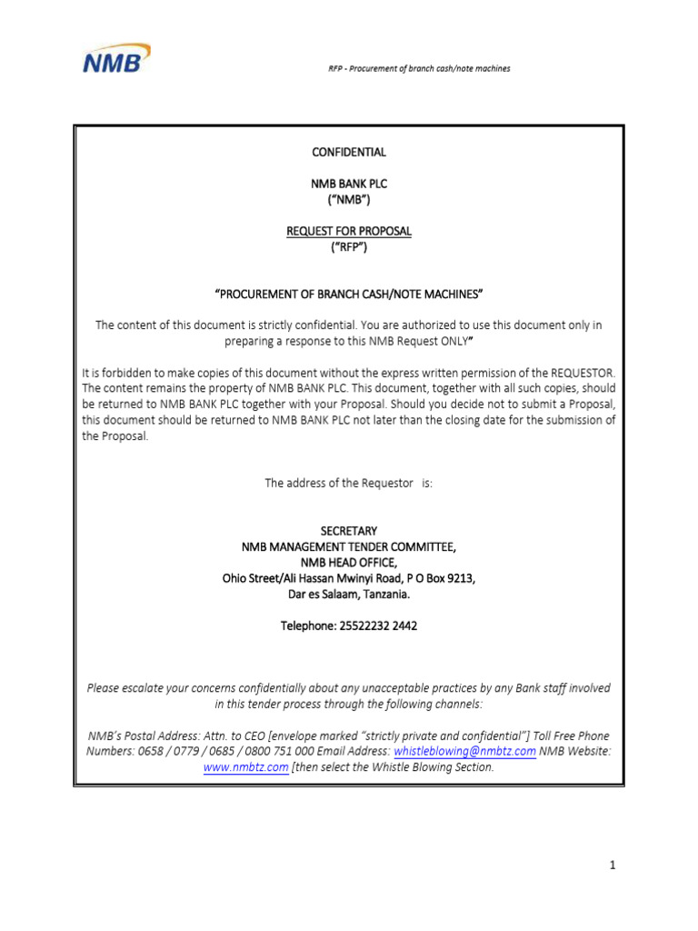 Request For Proposal Procurement of Branch Cash or Note Machines | PDF