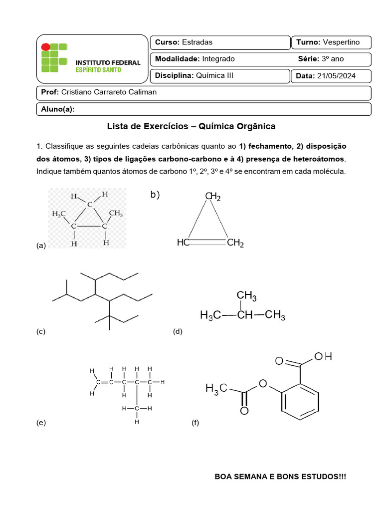 Lista de Exercícios V07 - Quimica Organica | PDF
