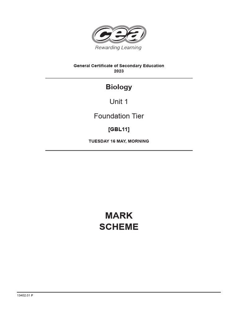 GCSE Biology 7 Summer2023 Foundation Tier, Unit 1 MS | PDF