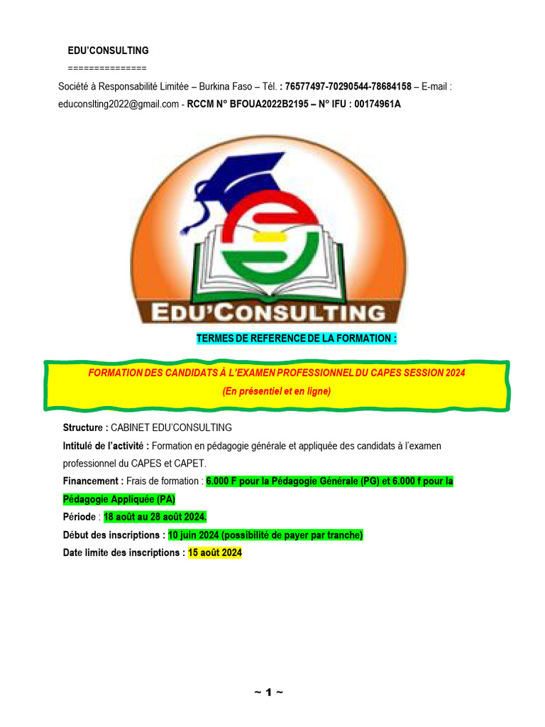 TDR de La Formation en Presentiel Examen Capes Pro Session D'aout 2024-Edu'consulting | PDF