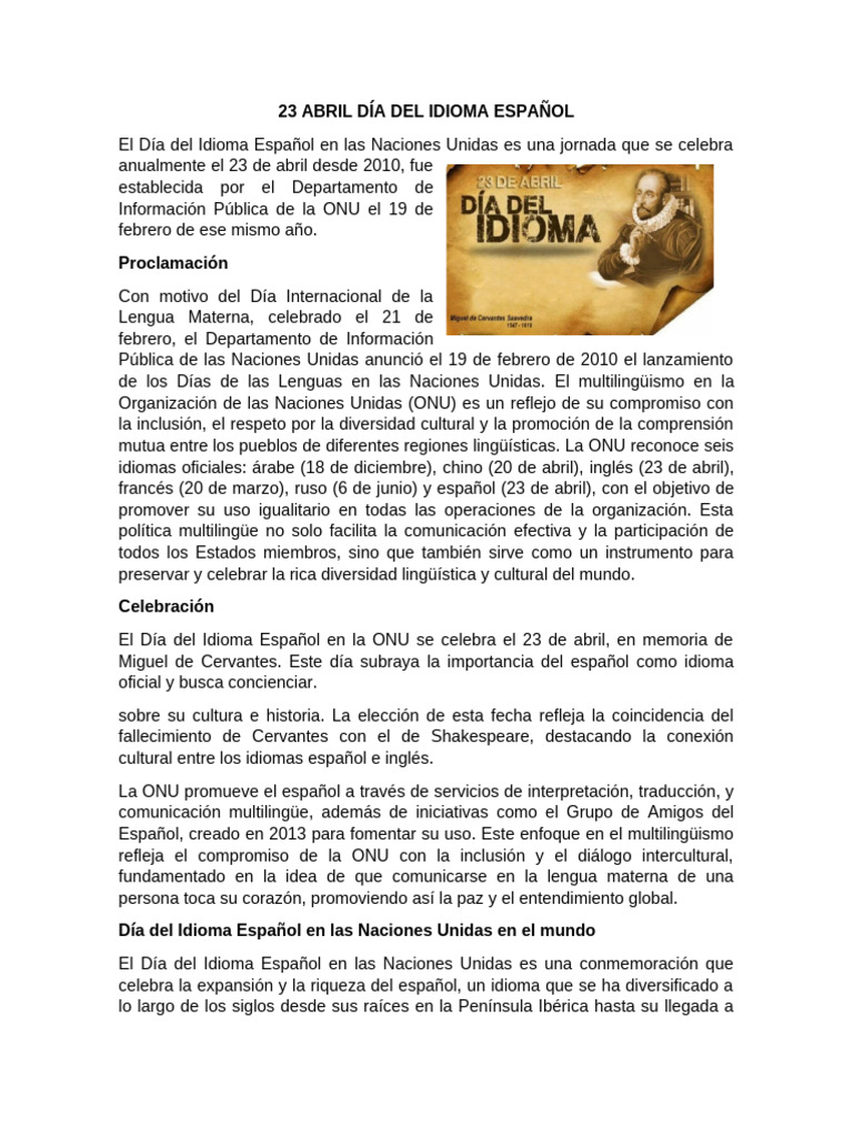 23 Abril Día Del Idioma Español | PDF