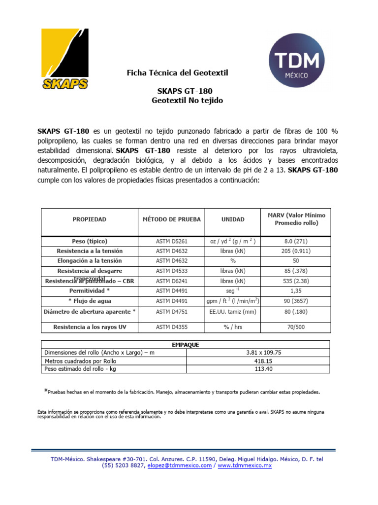 Ficha Tecnica Del Geotextil Skaps GT 180 Geotextil No Tejido PDF Free ...