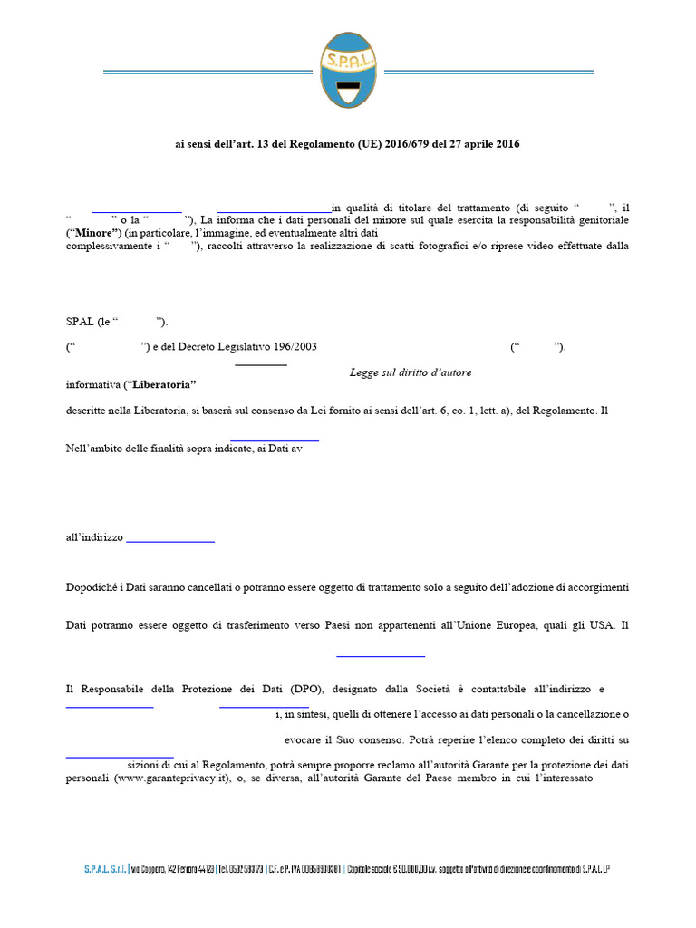 Modello 6B - Informativa e Liberatoria Per La Pubblicazione Di Immagini ...