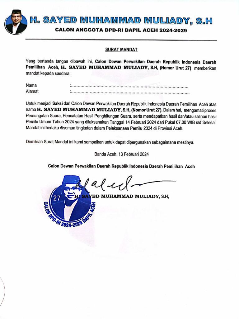 Surat Mandat Saksi DPD Sayed Muhammad Muliady 27 | PDF