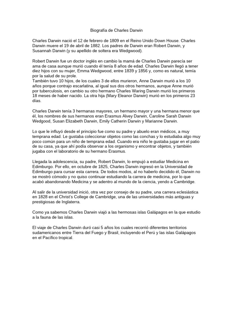 Biografía de Charles Darwin Trabajo Grupal | PDF