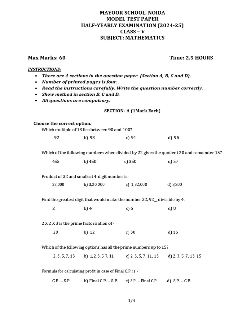 Mathematics HY Model Q Paper | PDF | Number Theory | Elementary Mathematics