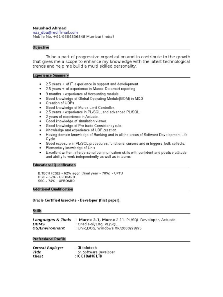 Murex CV | PDF | Oracle Database | Pl/Sql