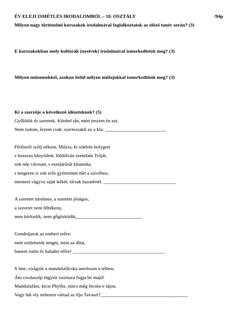 Osztály Év Eleji Ismétlés Irodalomból | PDF